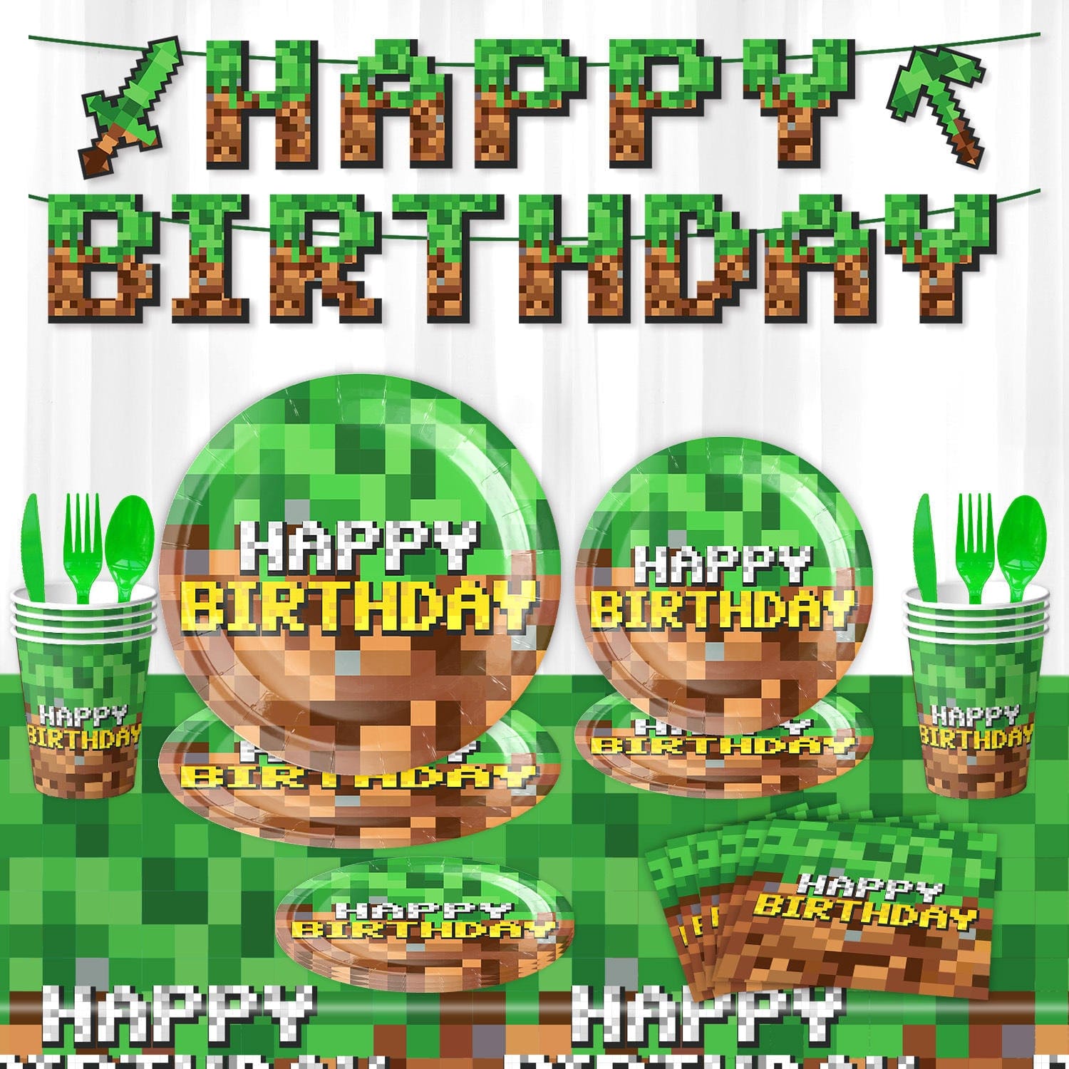Pixel Block Birthday Party Tableware Set – Gamer Party Supplies for Ki ...